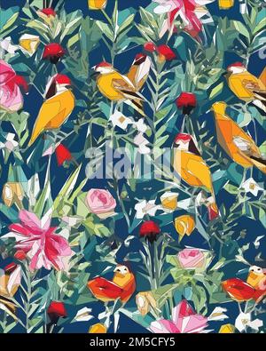 Birds, jungle and floral illustration with outlines. Pattern for ...