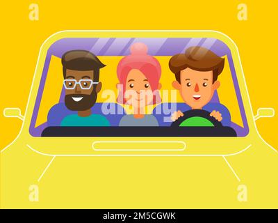 Car sharing Group of people car pooling Cityscape background with road ...