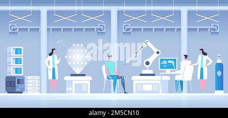 Science lab. Man with bionic leg as prothesis. Artificial foot. Future ...