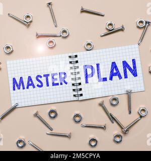 Text caption presenting Master Plan, Word Written on dynamic long-term ...