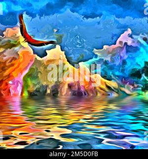 Surreal painting. Eagle flies above water surface Stock Photo - Alamy