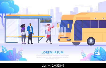 Passengers at bus stop flat banner vector template. Commuters waiting ...