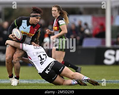 Harlequins' Shaunagh Brown is tackled during the Allianz Premiership ...