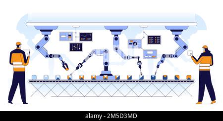 Automated assembling line flat vector illustration. Futuristic factory ...