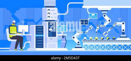 Automated assembling line flat vector illustration. Futuristic factory ...