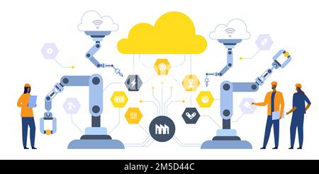 Efficient smart factory with workers, robots and assembly line, industry 4.0 and technology ...