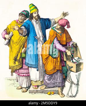 Historical costumes of three Jewish men,, colored historical ...