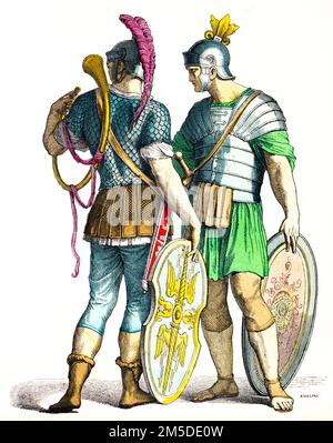 Historical costumes of two Roman soldiers, colored historical ...