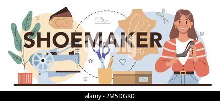 Cobbler typographic header. Craftsman wearing an apron mending shoe ...