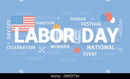 Labor day illustration. Word cloud with american flags and workers ...