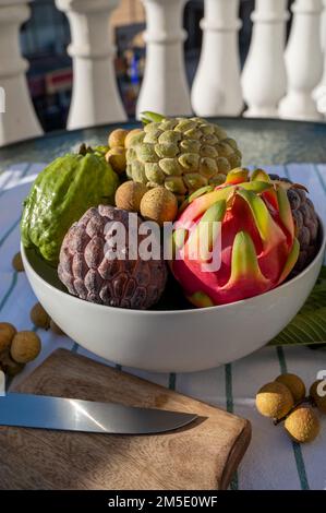 Variaty of tasty tropical exotic fruits, ripe fresh lychee, dragon ...
