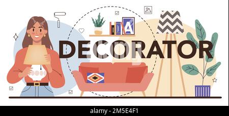 Interior typographic header. Decorator planning the design of a room ...