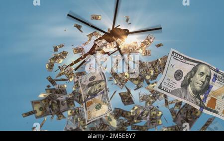 Dollar banknotes helicopter money dropping. USA one USD notes abstract ...