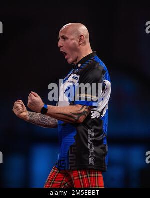 Alan Soutar reacting during day eleven of the Cazoo World Darts ...