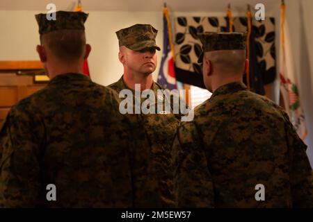 U.S. Marine Corps Maj. Joshua Martin, left, executive officer, Marine ...