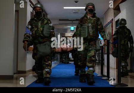 Airmen assigned to the 18th Medical Group look out over the island from ...