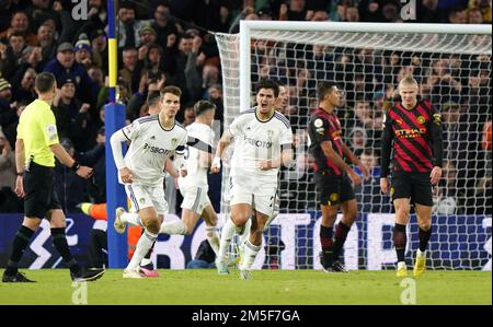 Leeds United's Pascal Struijk (centre right) celebrates with team-mates ...