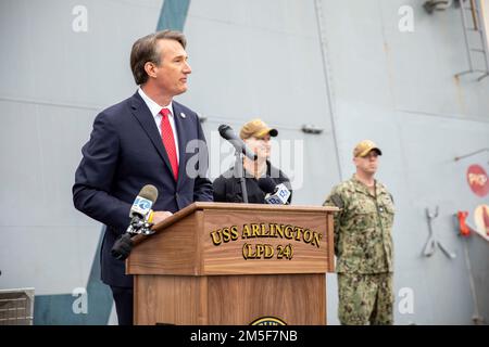 NAVAL STATION NORFOLK, Va. Gov. Glenn Youngkin, Va., left, and wife Suzanne Youngkin, are ...