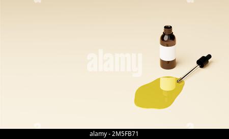 Open glass jar and a dropper with spilled cbd oil, 3d rendering ...