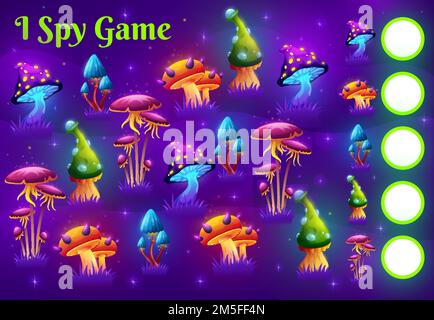 I spy game, magic luminous mushrooms. Kids game vector worksheet, maths ...