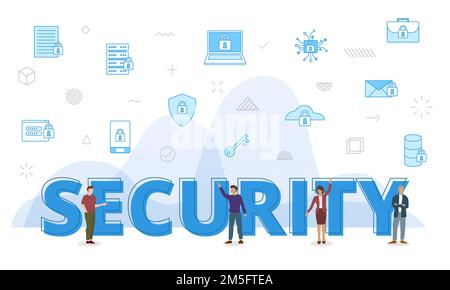 encryption concept with big words and people surrounded by related icon ...