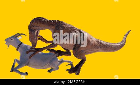 A 3D rendering of a Velociraptor dinosaur eating its prey isolated on a ...