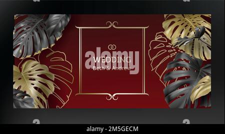 Tropical gold maroon monstera leaves on black dark background vector ...