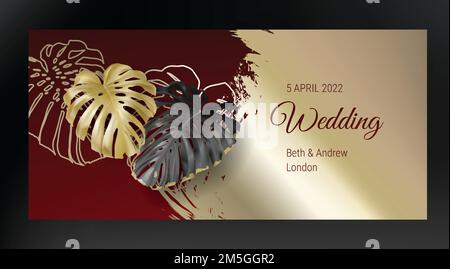 Tropical gold maroon monstera leaves on black dark background vector ...