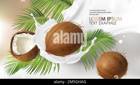 Coconut milk splash swirl realistic vector background. White liquid ...