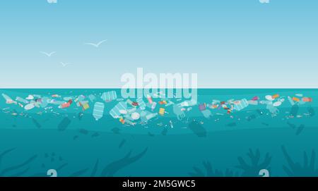 Garbage in polluted sea ocean water vector illustration. Cartoon nature ...