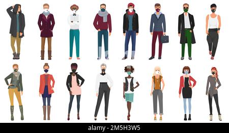 People in stylish fashion casual clothes wearing face masks to prevent ...