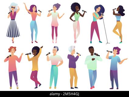 Happy karaoke singers. Cartoon people sing songs. Cute vocalists hold ...