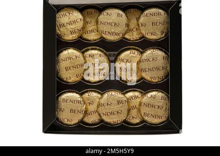 Box of Bendicks Mint Fondants opened to show contents on white ...