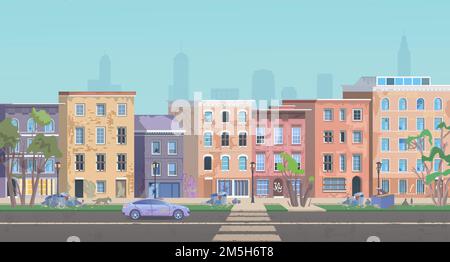 Poor ghetto city street district with slum house building vector ...