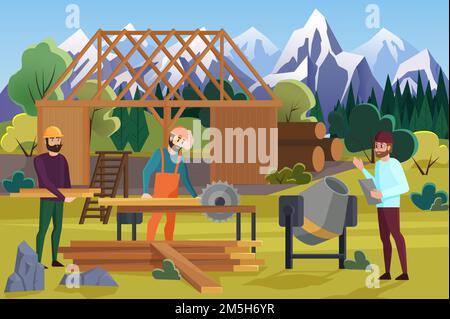 Wooden eco house construction process. Vector flat cartoon illustration ...