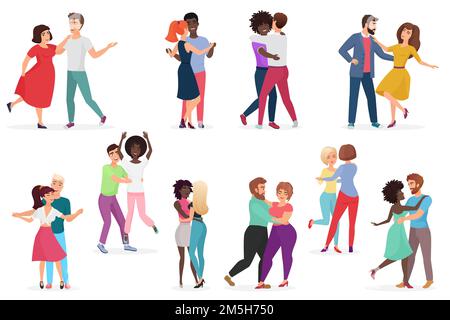 Vintage cartoon style happy pairs of dancers isolated. Men and women ...