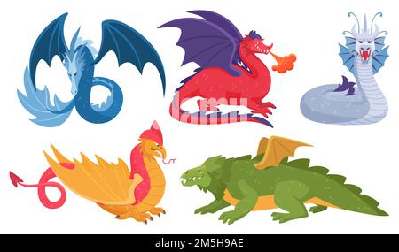 Fire breathing dragons. Cartoon mythical creatures. Flying fabulous ...