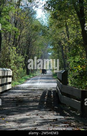 Amish Country Byway - Horse-Drawn Wagon. A few people sit in a horse ...
