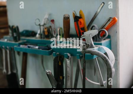 Carpenter's or craftsman's tool kit close-up Stock Photo - Alamy