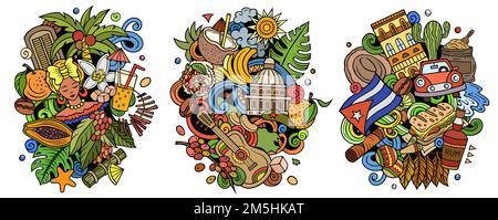 Cuba cartoon vector doodle designs set. Colorful detailed compositions ...
