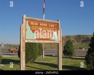 Pioneer Historic Byway - Bear River Massacre Overlook. A freshly-laid cinder-ash path curves ...