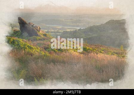 Sunset digital watercolor painting of the heather and rocks at Ramshaw ...