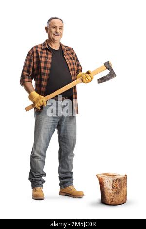 Portrait of mature lumberjack with axe on white background Stock Photo ...
