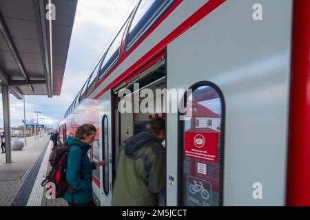 Dresden: passengers at platform entering S-Bahn train in , Sachsen ...