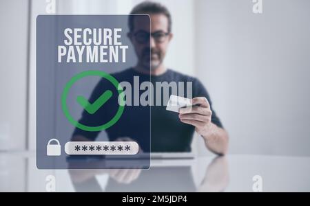 Man behind computer keyboard, purchase and pay online. Credit card in ...