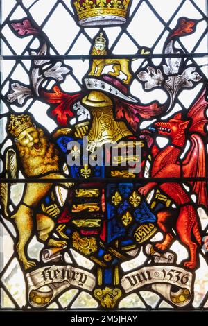 England, Kent, Hever, Hever Castle, Stained Glass Window depicting the ...