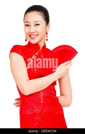 Casing wear red cheongsam young woman with the fan Stock Photo - Alamy