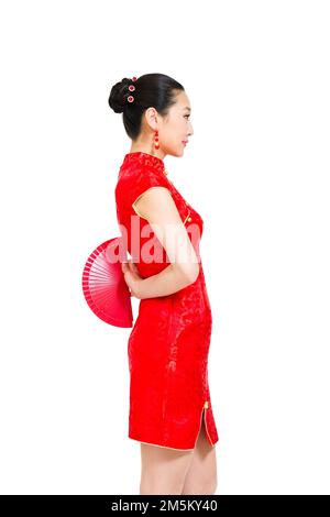 Casing wear red cheongsam young woman with the fan Stock Photo - Alamy
