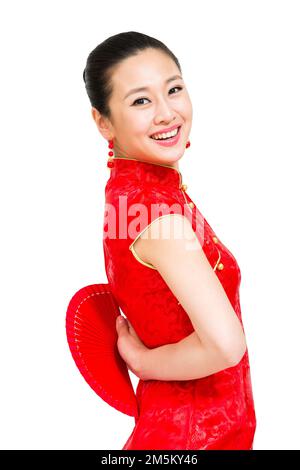 Casing wear red cheongsam young woman with the fan Stock Photo - Alamy