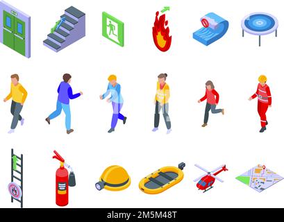 Isometric evacuation alarm icons set with rescue team isolated vector ...